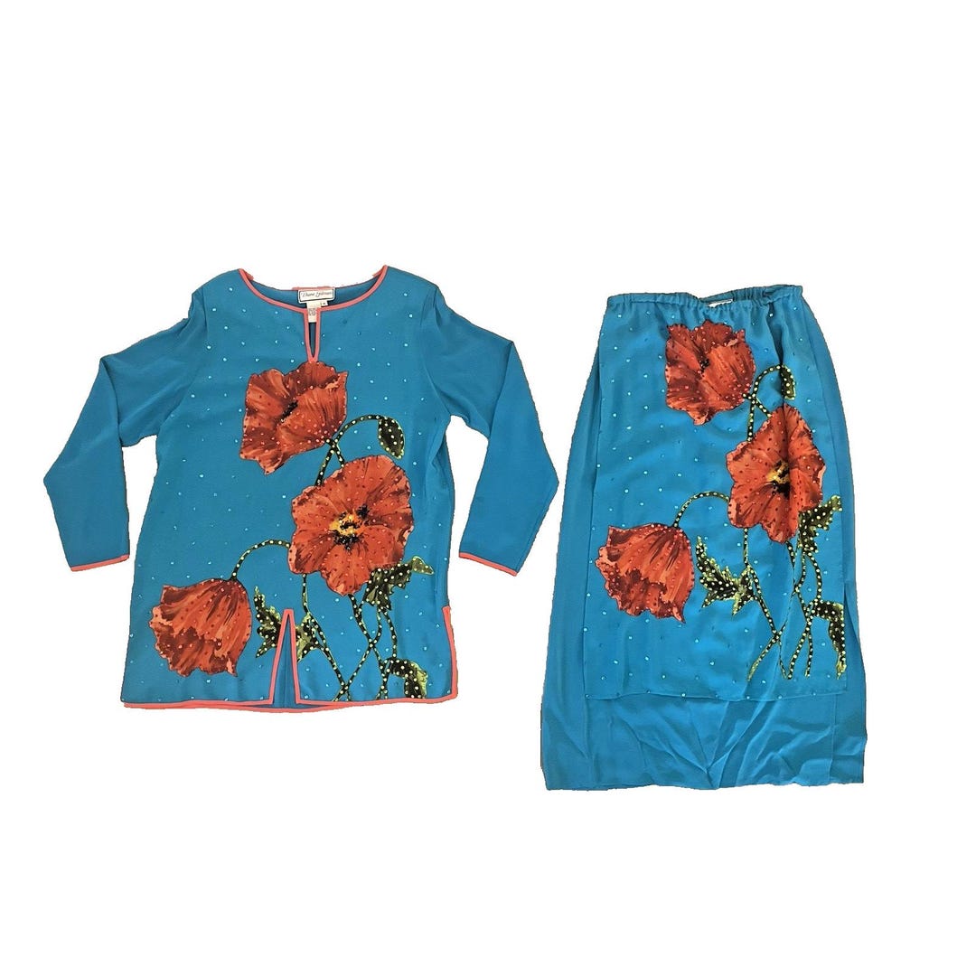 Vtg Diane Gilman 100% Silk Floral Sequins Blouse Tunic Top & Skirt M ...