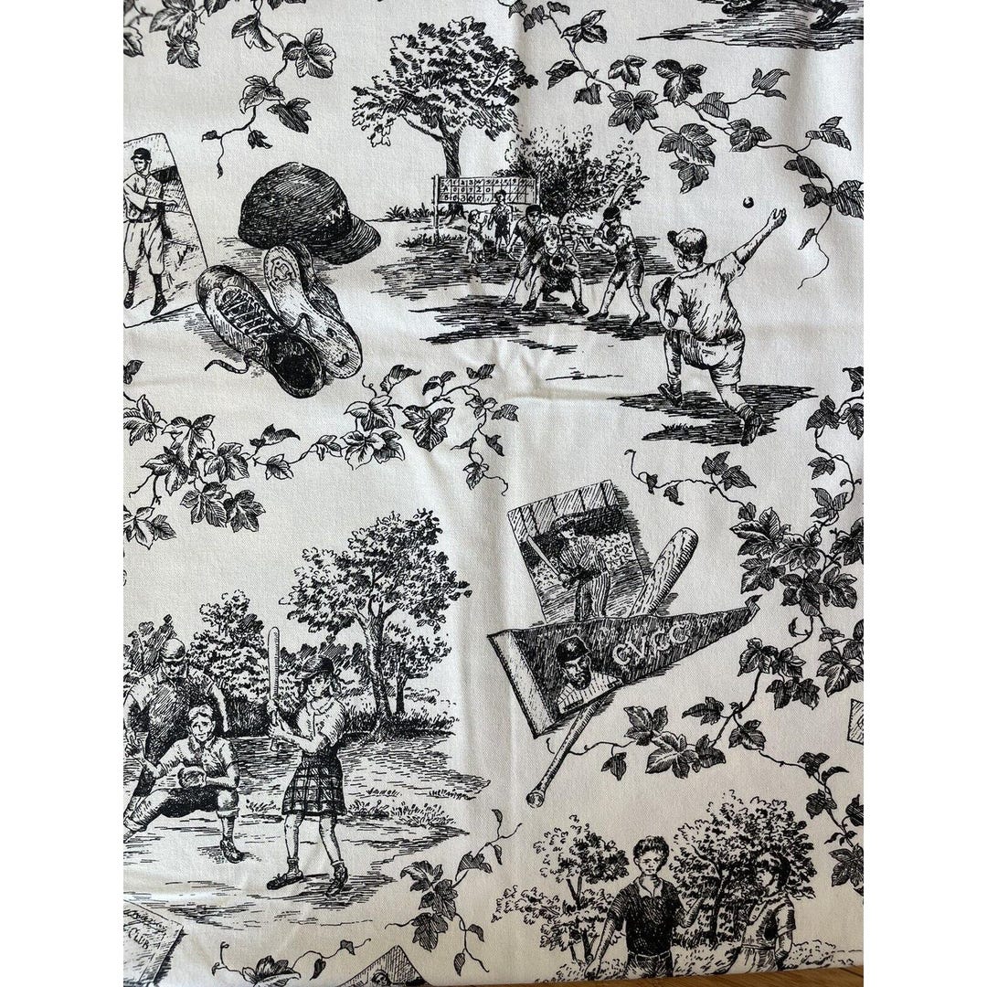 Vintage Baseball Motif Black Cream Toile Decorator Fabric 1.5 Yds X56 ...