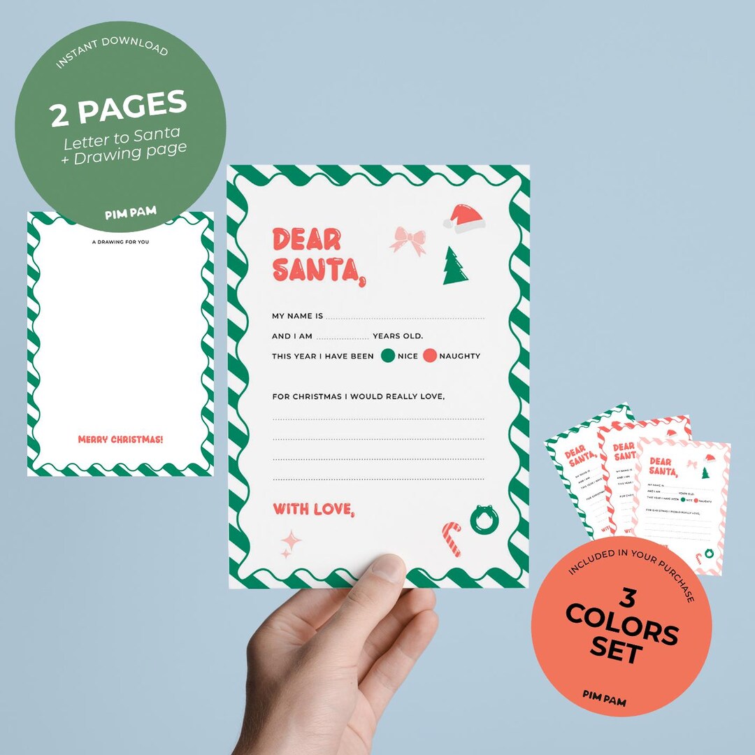 Dear Santa Card, Instant Download, Letter to Santa PDF, 2 Pages Santa ...