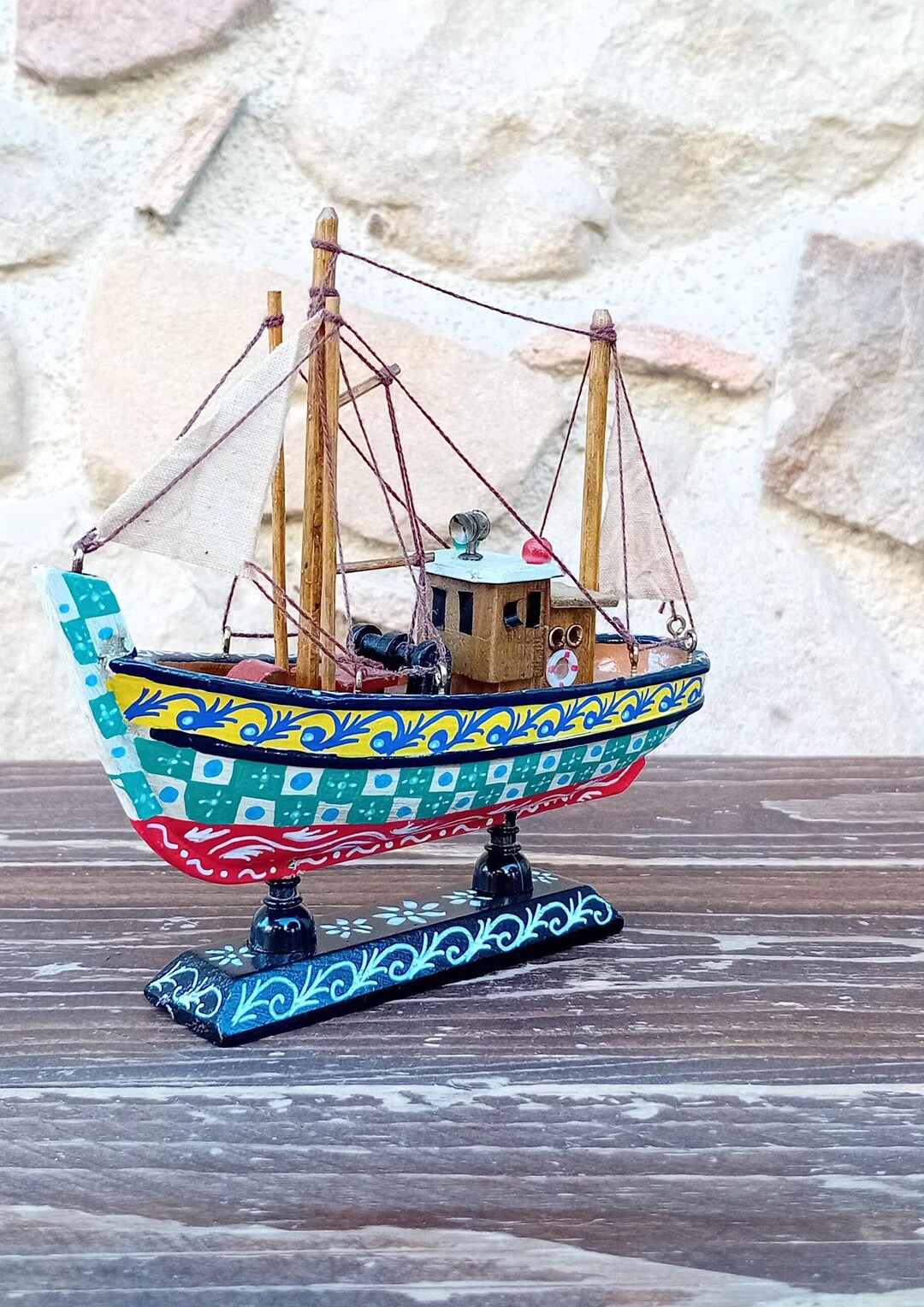 Wooden Fishing Boat 15cm - Decorated Miniatures - Code 15 - Etsy