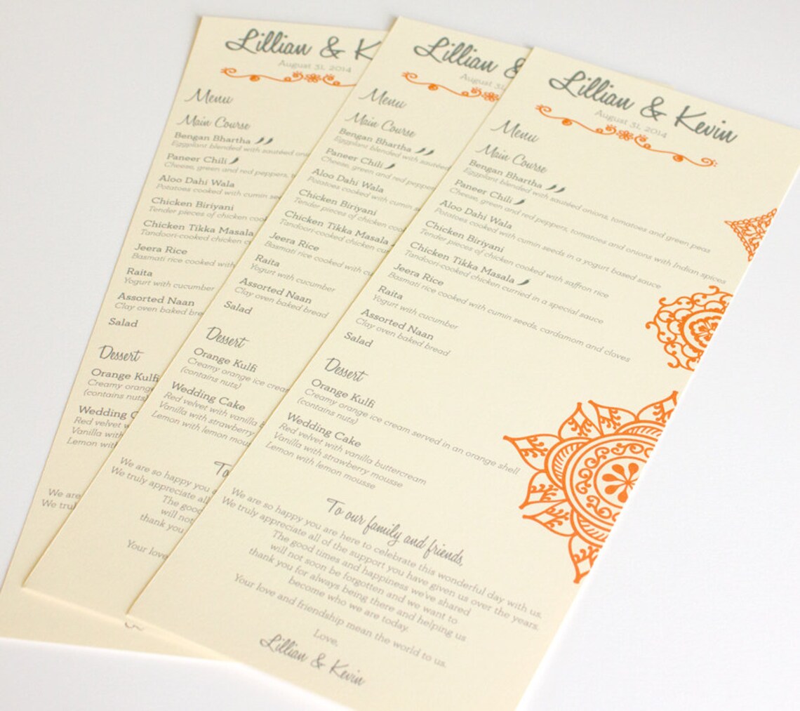 Custom Mehndi Wedding Menu: Indian Wedding, Printable or Printed - Etsy