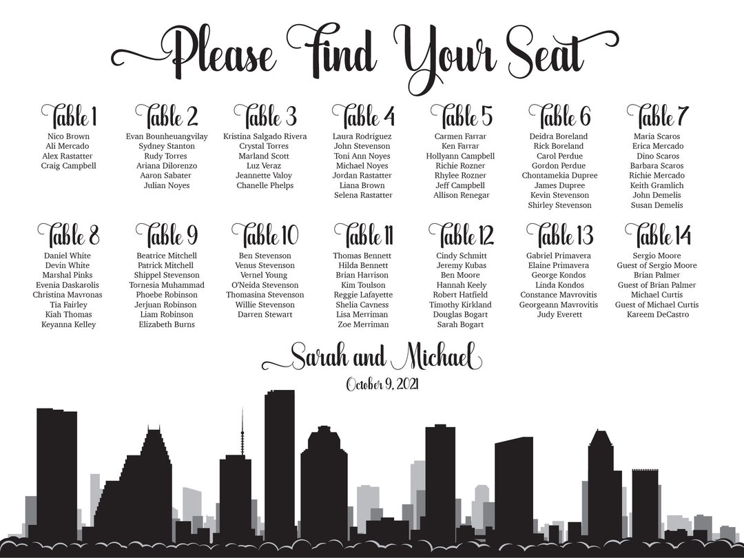 Houston Skyline Wedding Seating Chart: Custom Text, Ink & Font ...