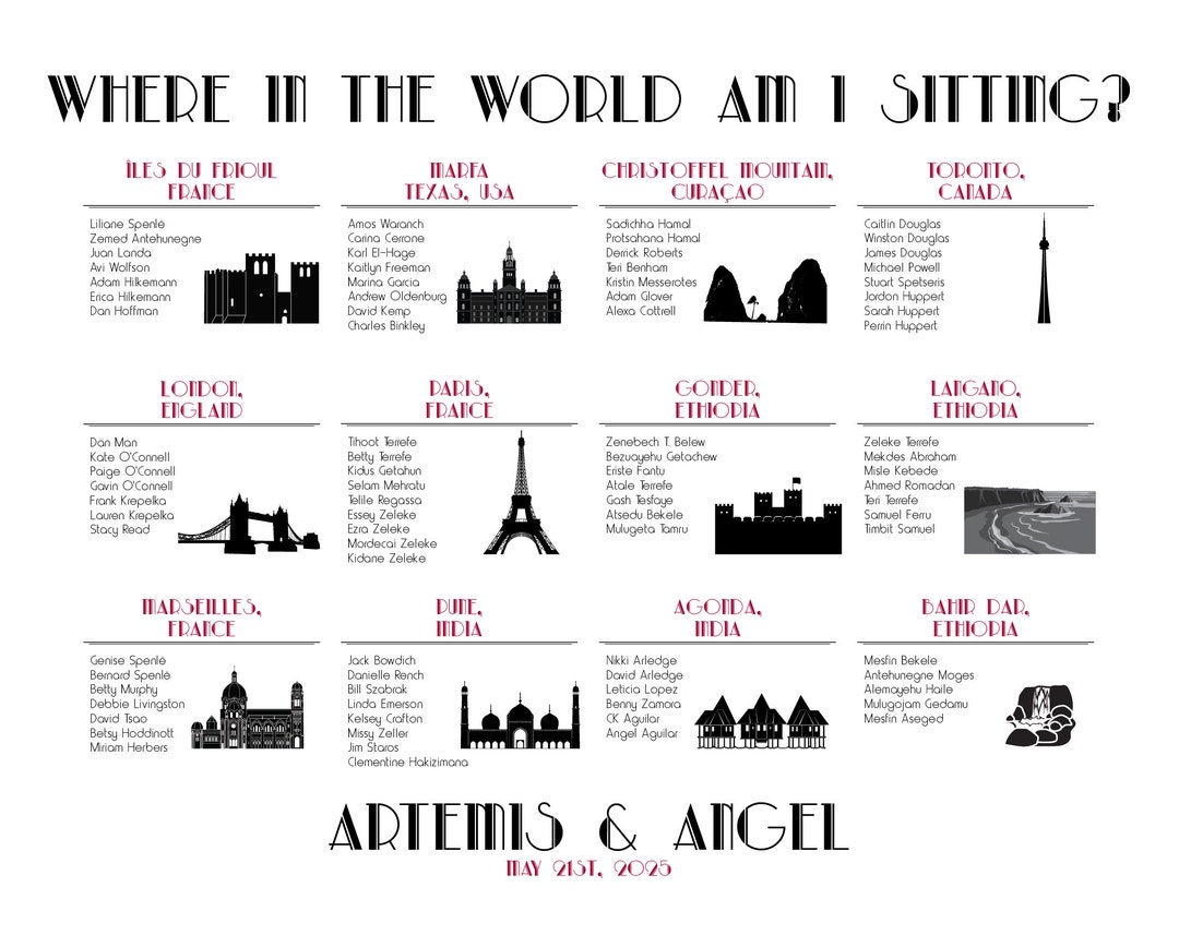 World Landmarks Printable Seating Chart for Travel Weddings, Bar ...