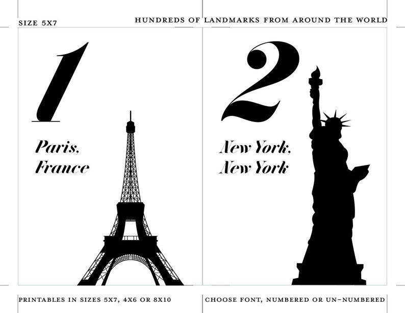 Printable World Landmarks Table Number Wedding Reception Bar | Etsy