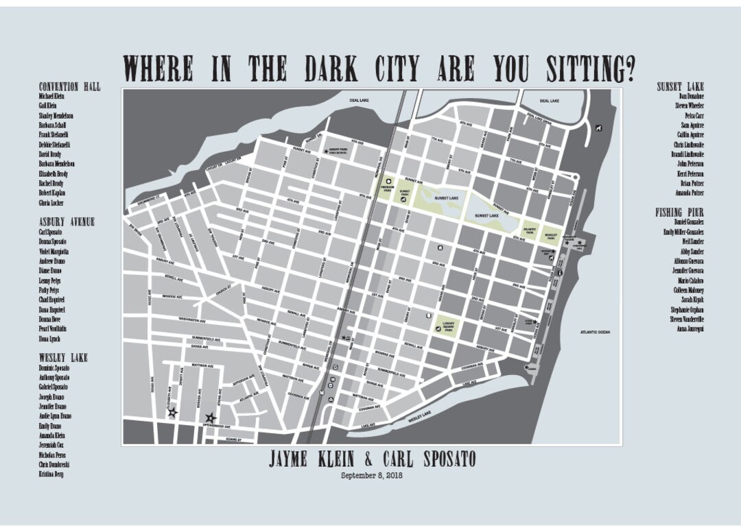 Asbury Park Map Printable Seating Chart for weddings, bar mitzvhas ...