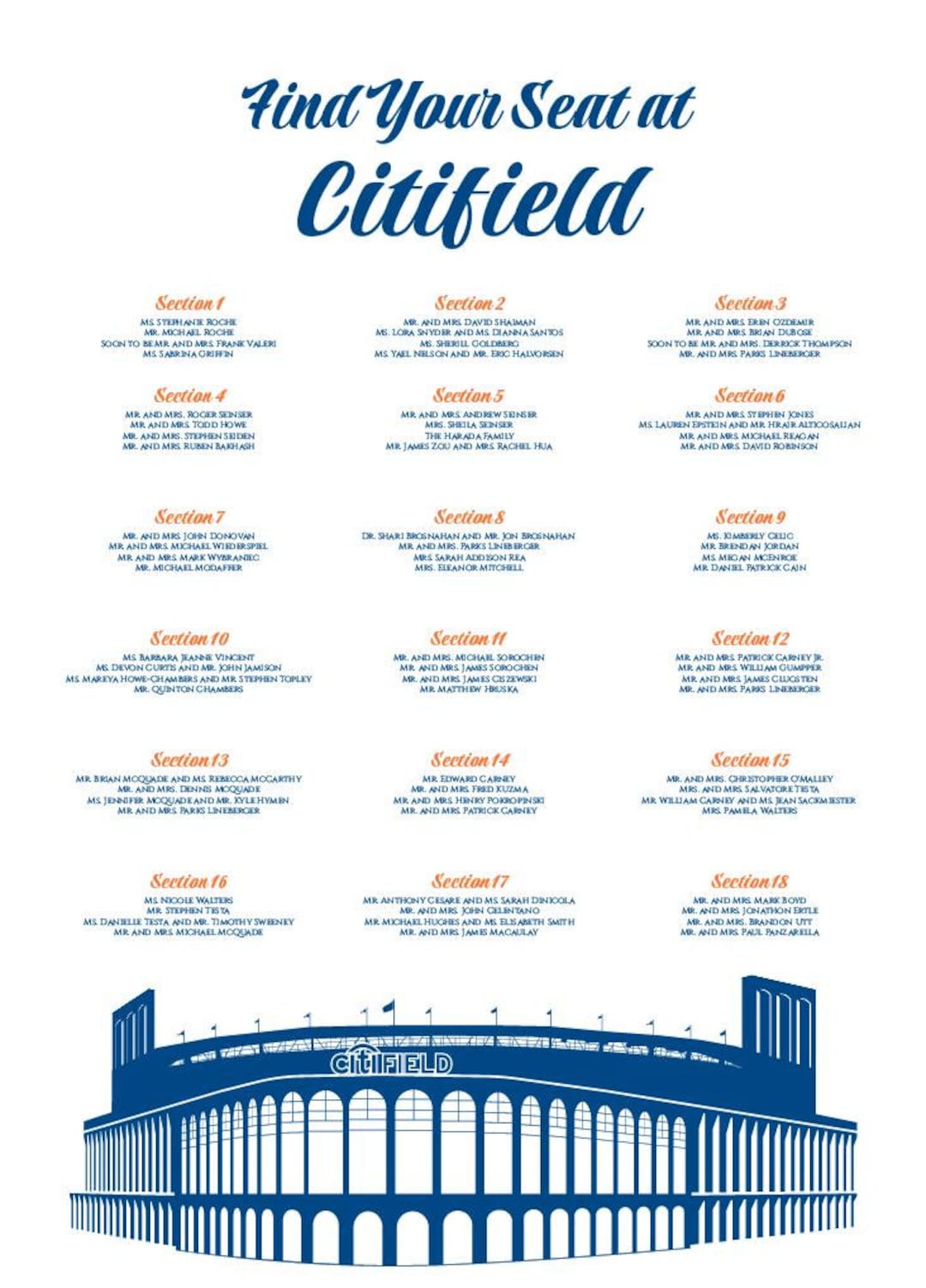 Citi Field Mets Stadium Printable Seating Chart for Weddings, Bar ...
