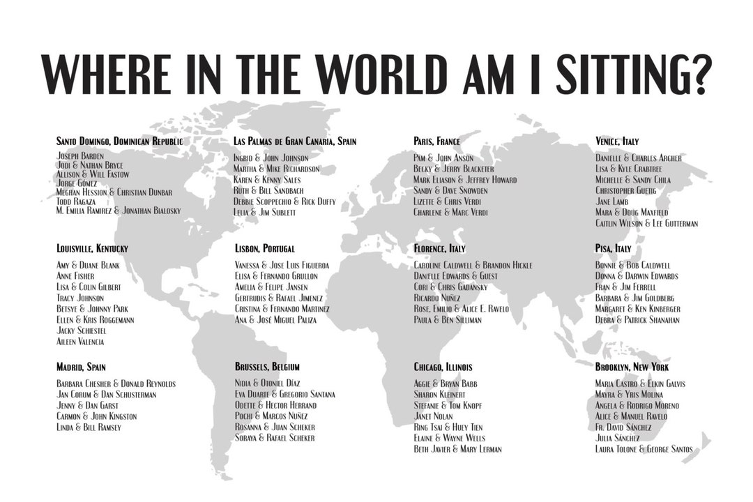 World Map Printable Seating Chart Poster for travel weddings, sent ...