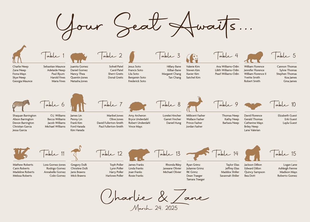Zoo Animals Printable Seating Chart for Weddings, Bar Mitzvahs, Sent ...
