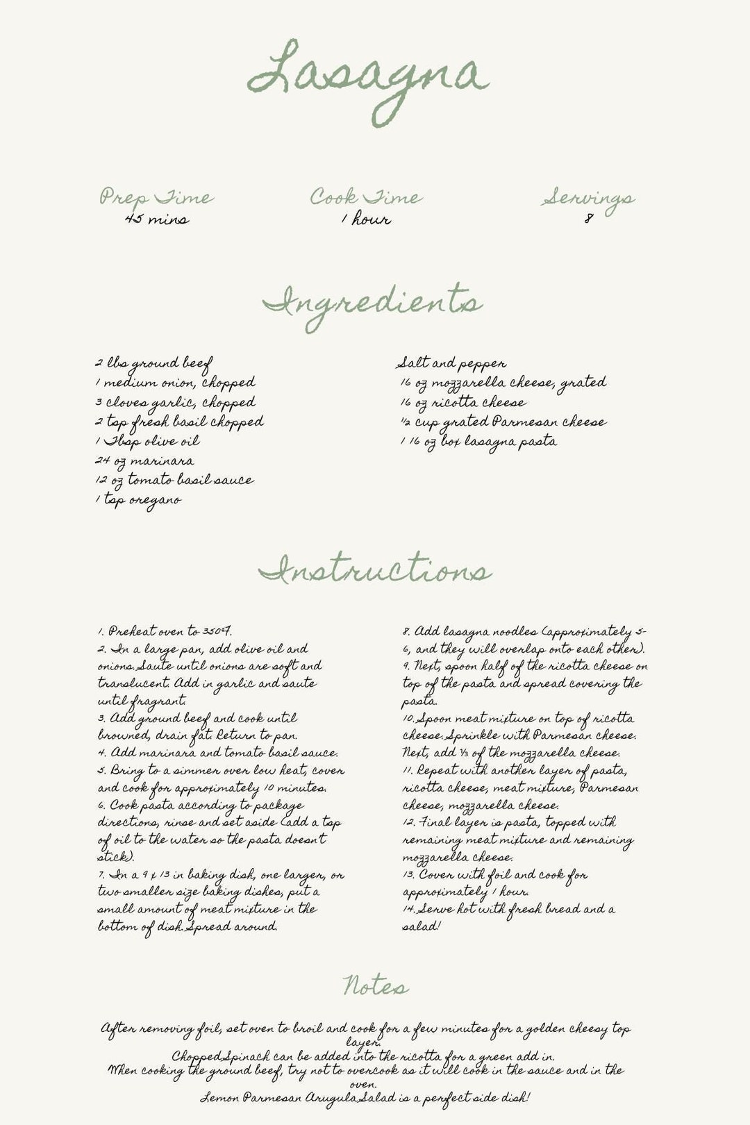 Handwritten Homemade Cursive Recipe Page Editable Template - Etsy