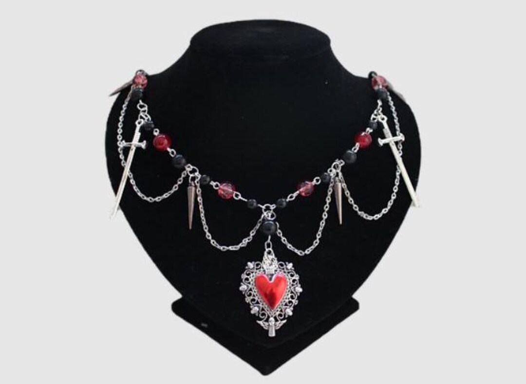 Heartbreak Necklace With Red Heart and Sword Pendant With Red and Black ...