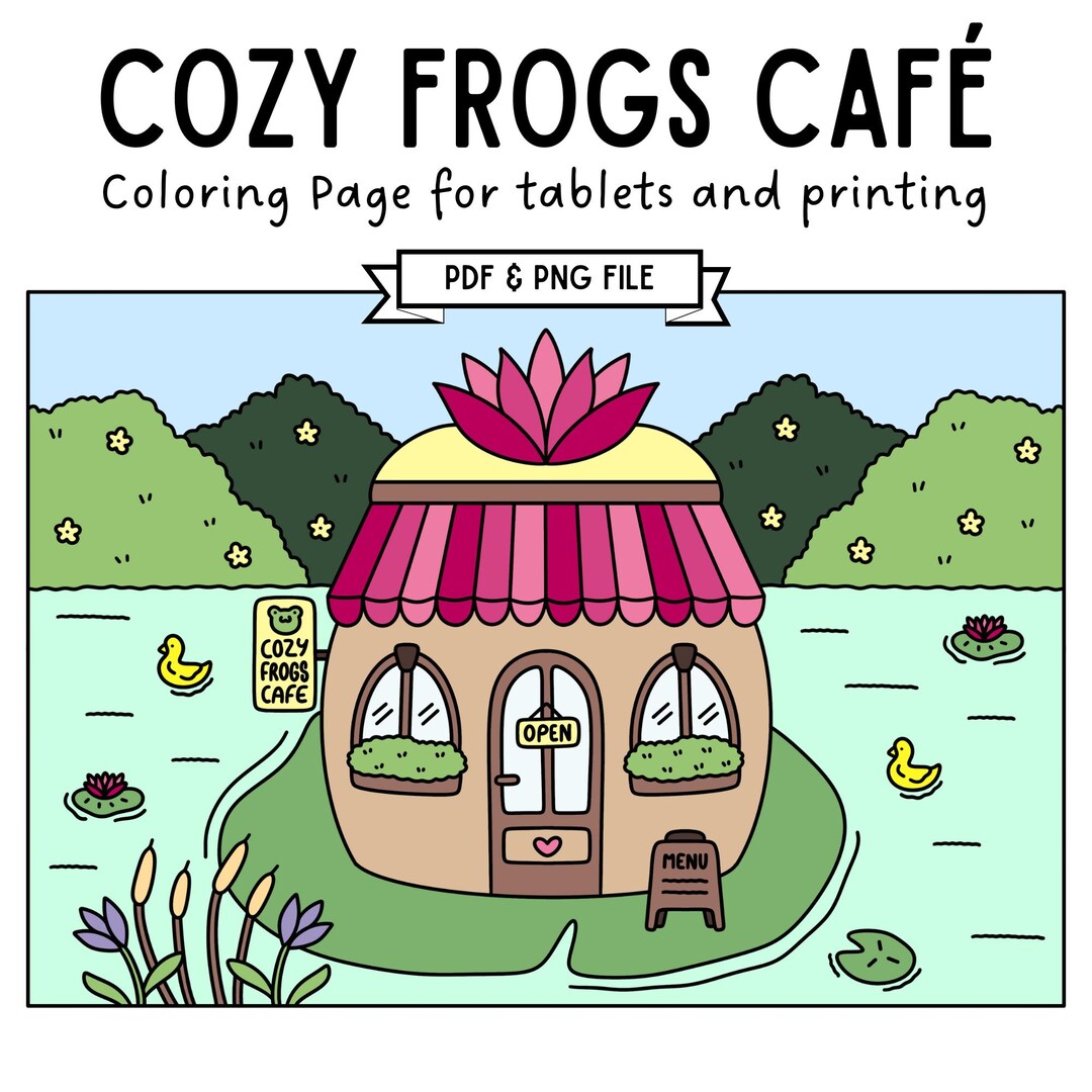 Cozy Frogs Café Coloring Page, Hand Drawn Coloring Page, Lotus Lake ...