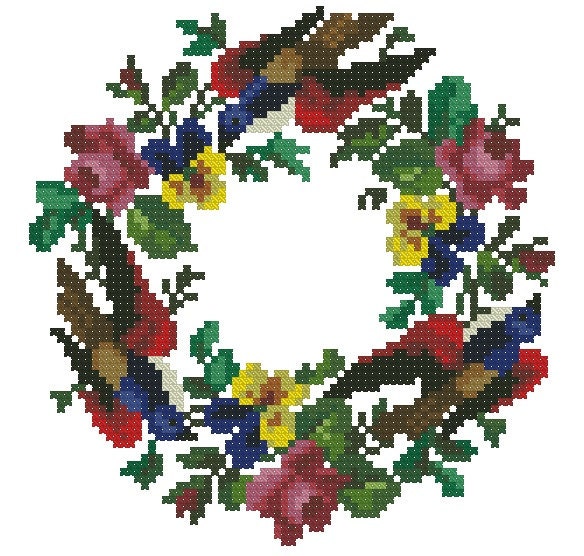 Pancies Wreath With Roses and Birds Vintage Digital Cross Stitch Berlin ...
