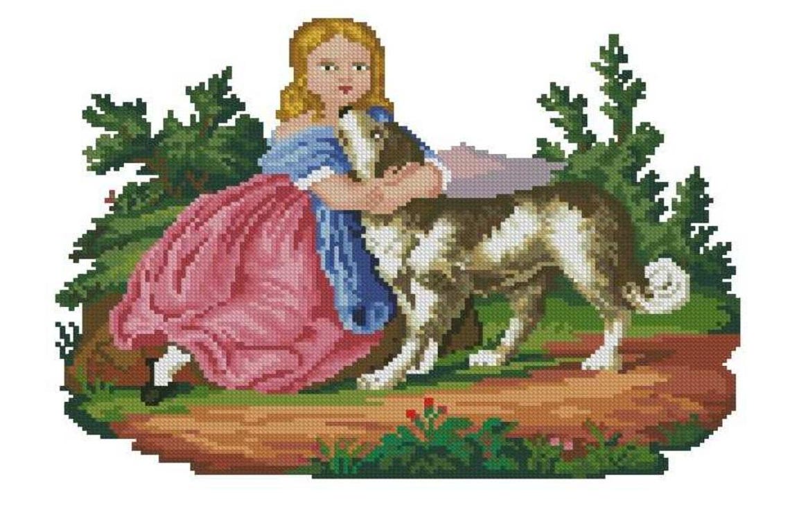 Girl With a Dog Antique Cross Stitch or Berlin Wool Work Digital ...