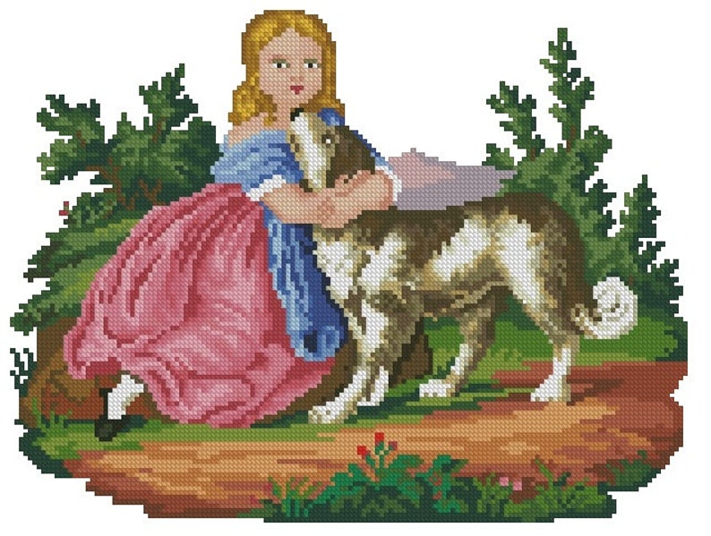 Girl With a Dog Antique Cross Stitch or Berlin Wool Work Digital ...