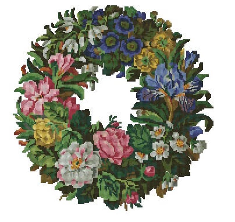 Bright Flower Vintage Wreath Cross Stitch and Berlinwork Digital ...