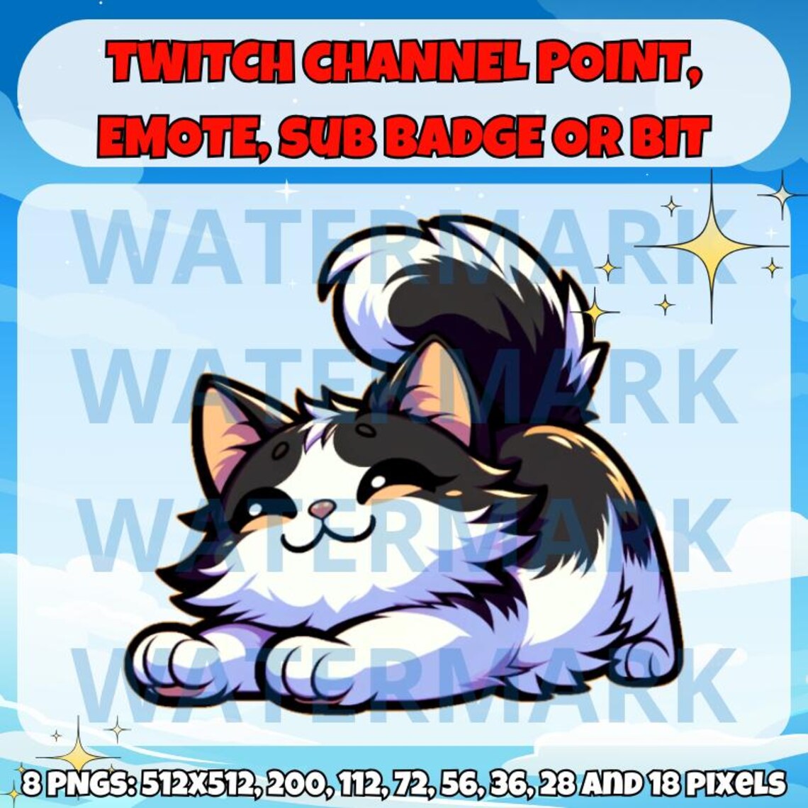 Tuxedo Stretching Cat Twitch Emote, Channel Points, Sub Badge or Bit ...