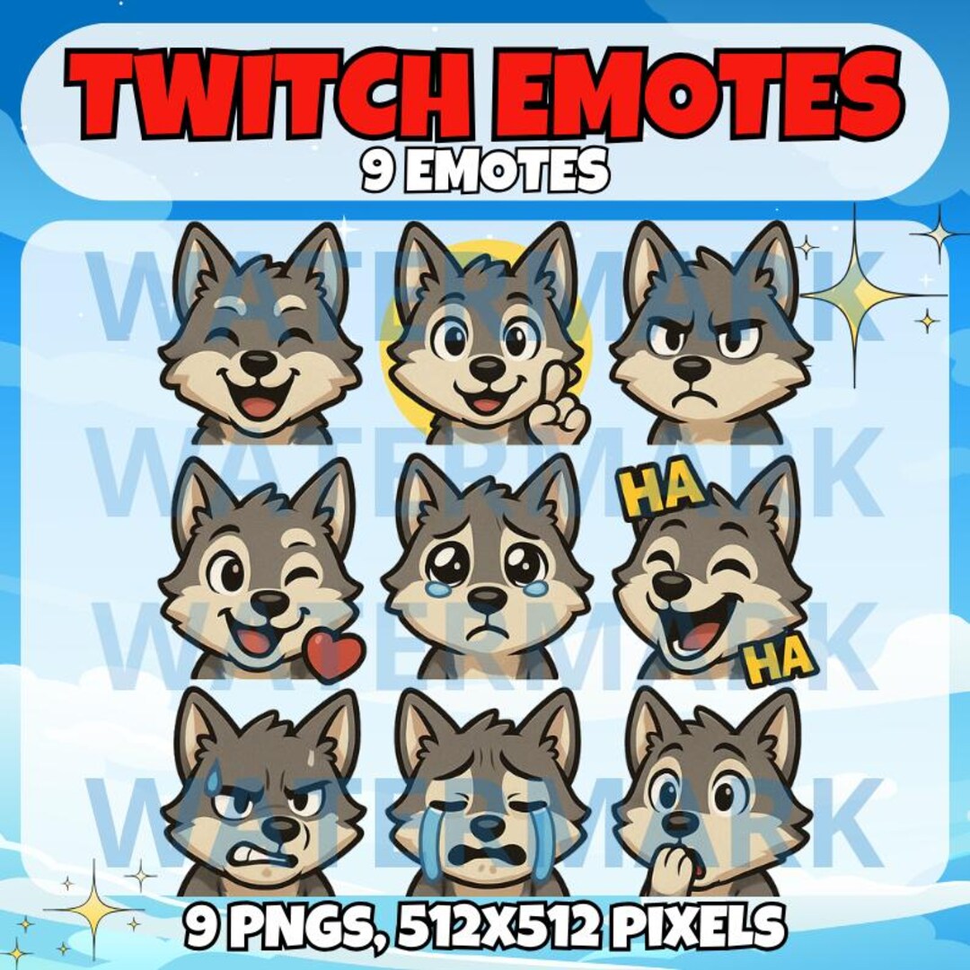 Cartoon Gray Wolf Twitch Emote Set With 9 Emotes - Cute Emote for ...