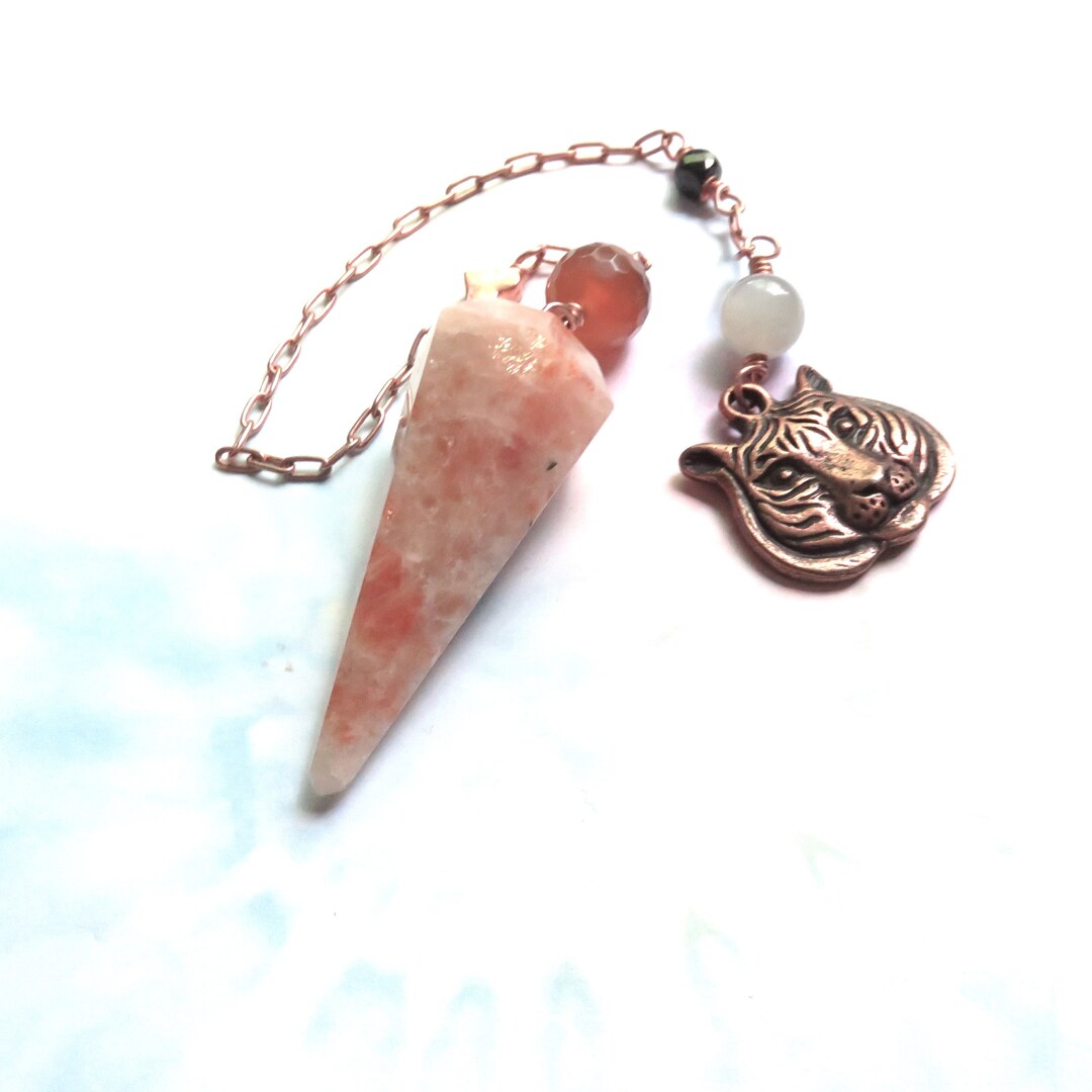 Sunstone Pendulum, Solid Copper Chain, Tiger Charm, Tiger Totem - Etsy