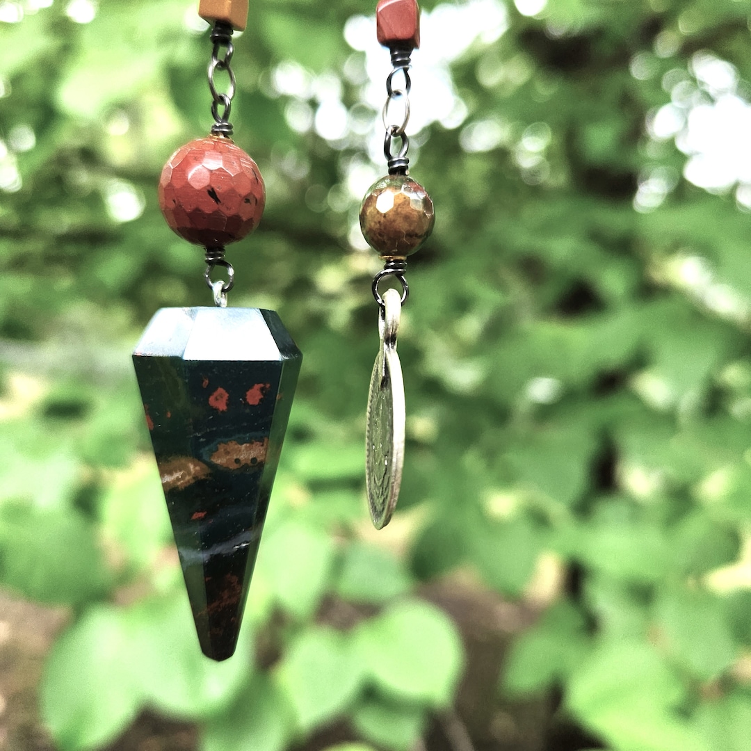 Bloodstone Pendulum, Jasper Beads, Arabic Coin Charm, Oxidized Sterling ...
