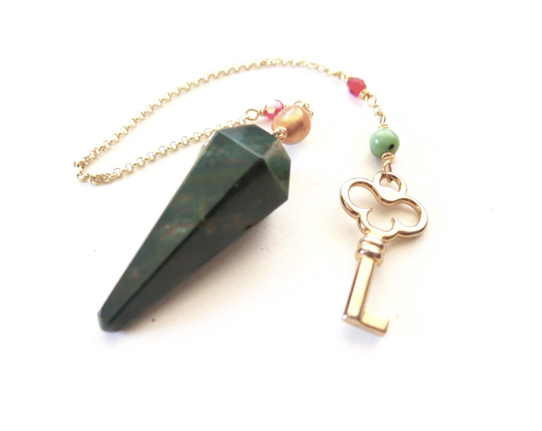 Heliotrope Bloodstone Pendulum, Key Charm, Brass Chain - Etsy