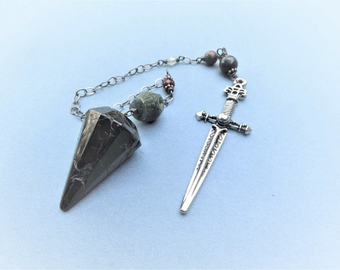 Black Tourmaline Pendulum, Green Jasper W Pyrite Skull, Silver Metal ...