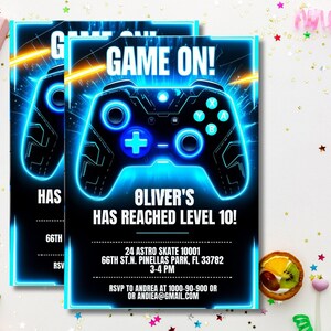 Video Game Party Invitation, EDITABLE Level up Birthday Invite, Blue ...