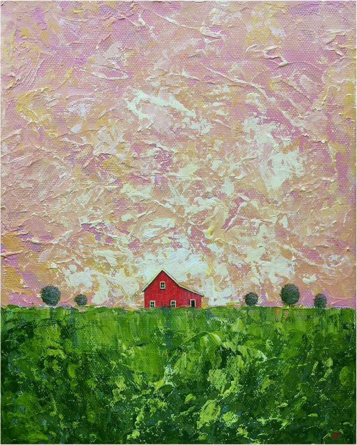 ABSTRACT Farm Barn Landscape PAINTING, Miniature Painting, Pink Sky ...