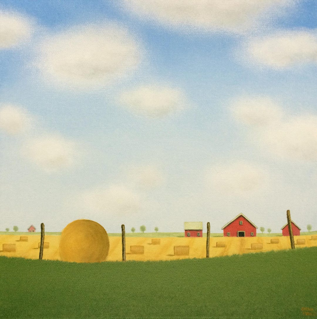 Barn Old Farm Painting, Original Country Landscape Painting, Bales Folk ...