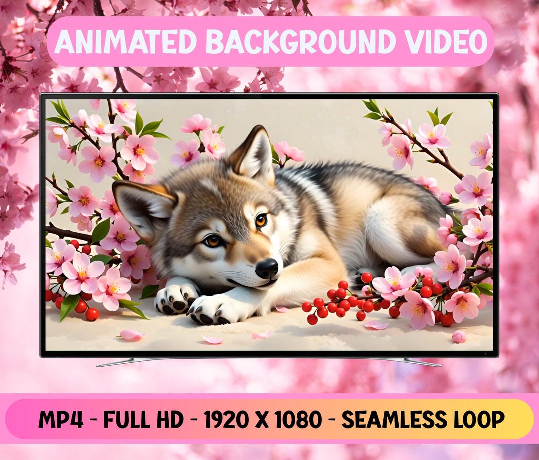 Baby Wolf in Cherry Blossom Flowers Animated Background Video - Full HD ...