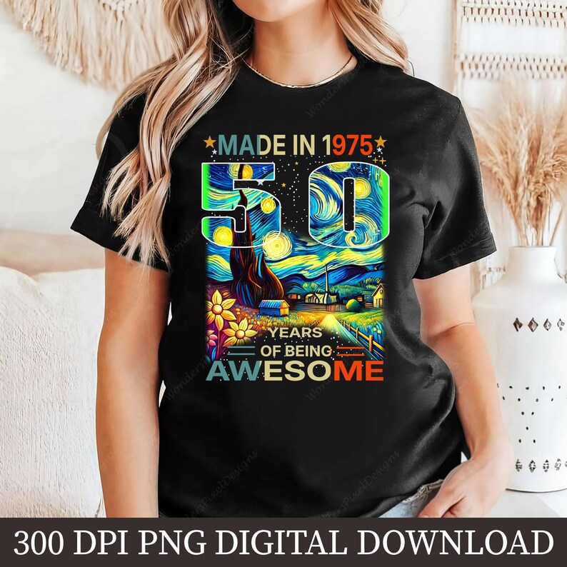 Made in 1975 Birthday PNG, 50 Years of Being Awesome Sublimation Design ...