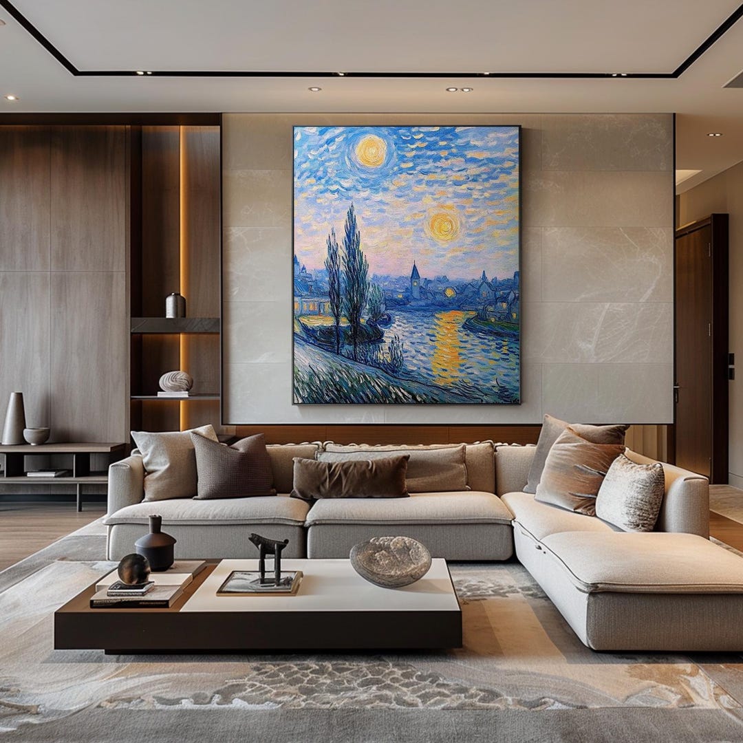 Hand-painted Starry Night River Canvas Art - Impressionist Moonlit ...