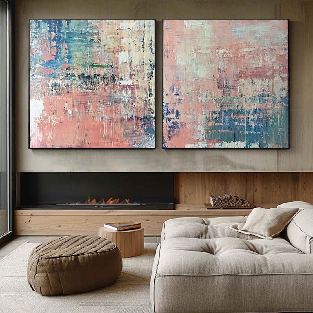 Hand-painted Abstract Diptych Oil Painting – Pink and Blue Modern Wall ...