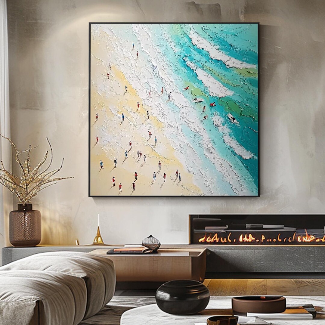 Hand-painted Beach Scene Canvas: Aerial Coastal Painting, Textured ...