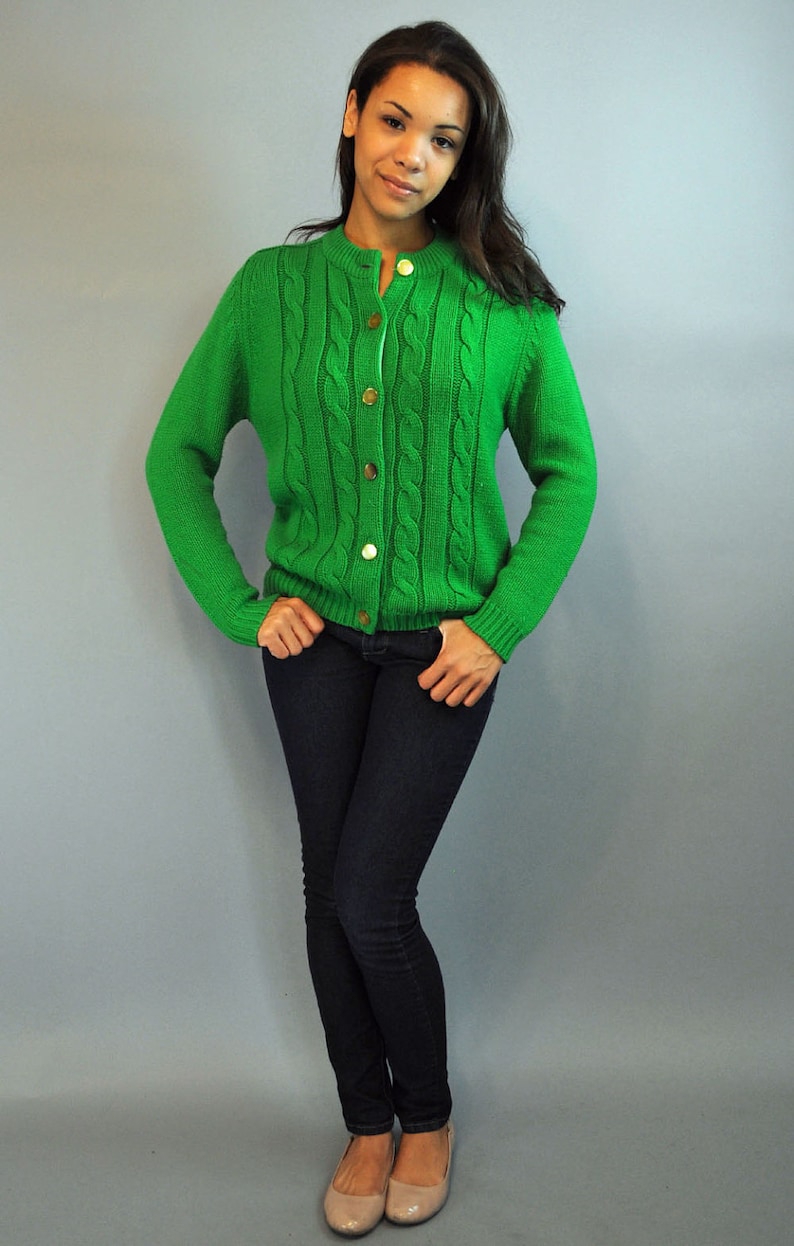 50s Vintage Cardigan Sweater Kelly Green Cable Knit Womens Etsy