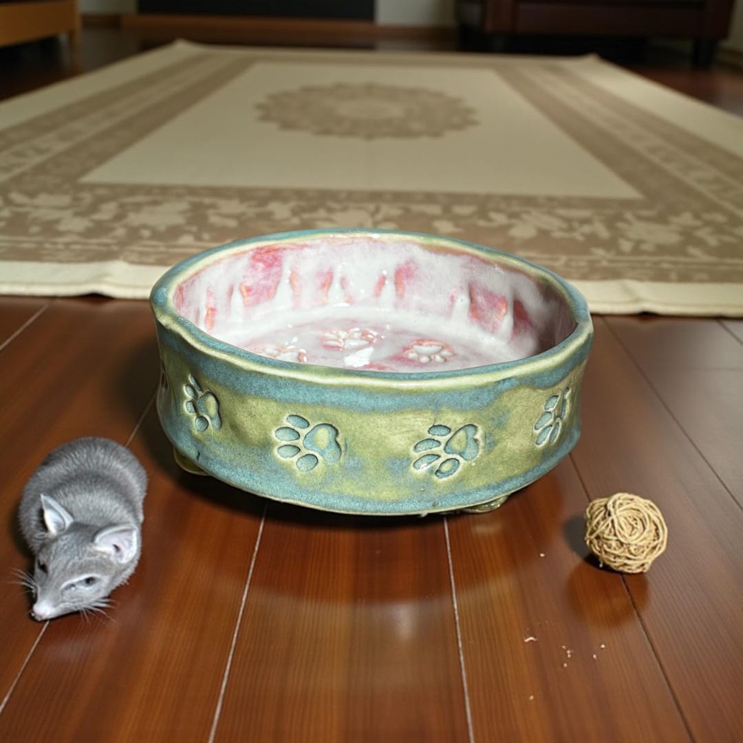 Handmade Round Footed Kitty Bowl in Greens, Blues and Pinks Glaze - Etsy