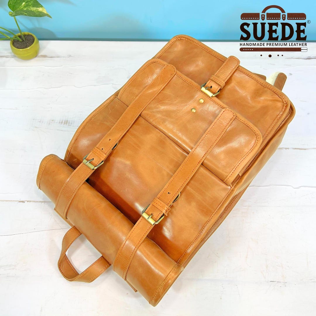 Genuine Leather Backpack Roll Top With Laptop Pocket: Handmade Full Grain Brown Leather Rucksack ...