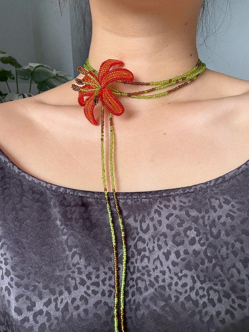Orange Lily Beaded Choker – Handmade Seed Bead Lariat, Boho Floral ...
