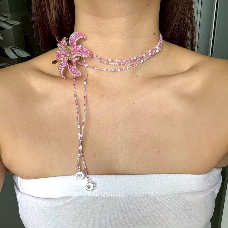 Pink Lily Bead Necklace - Etsy