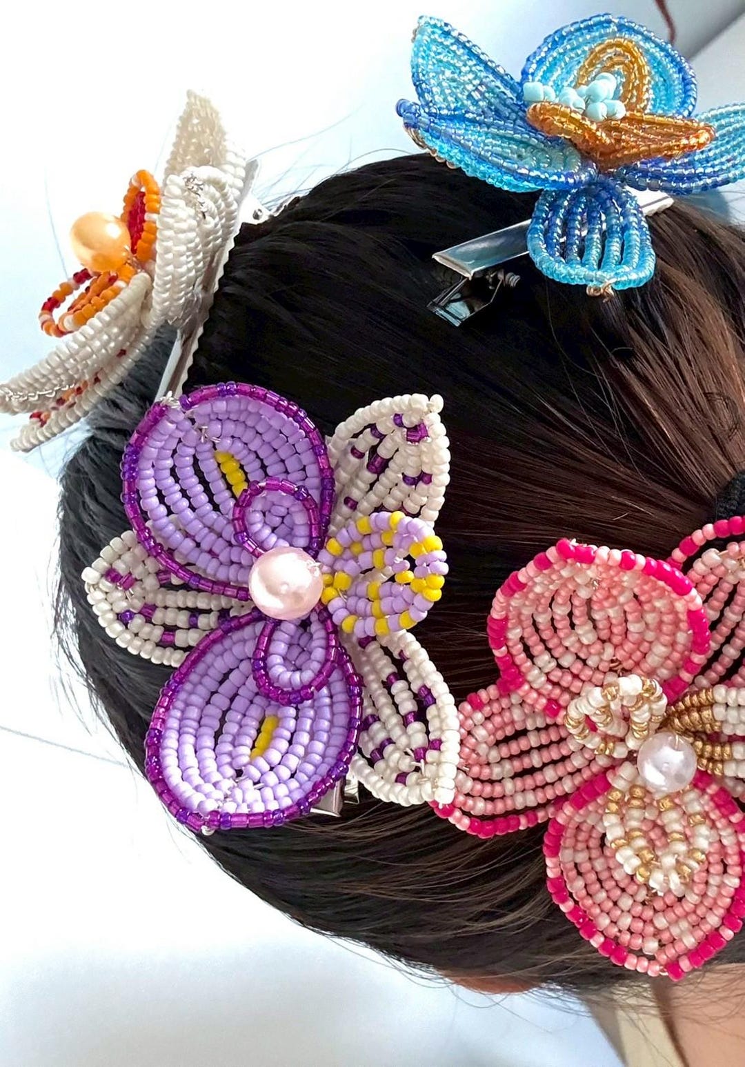 Set of 4 Handmade Beaded Flower Hair Clips | Colorful Floral Barrette ...