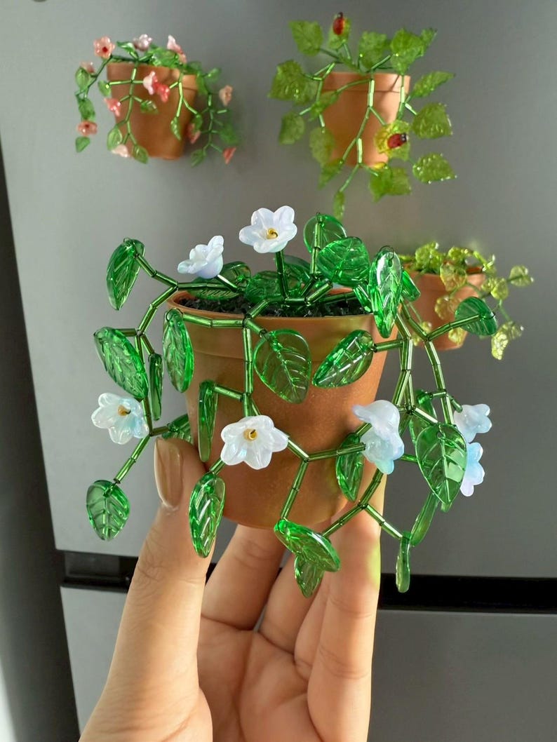 Handmade Beaded Flower Fridge Magnet – Mini Potted Plant With White ...