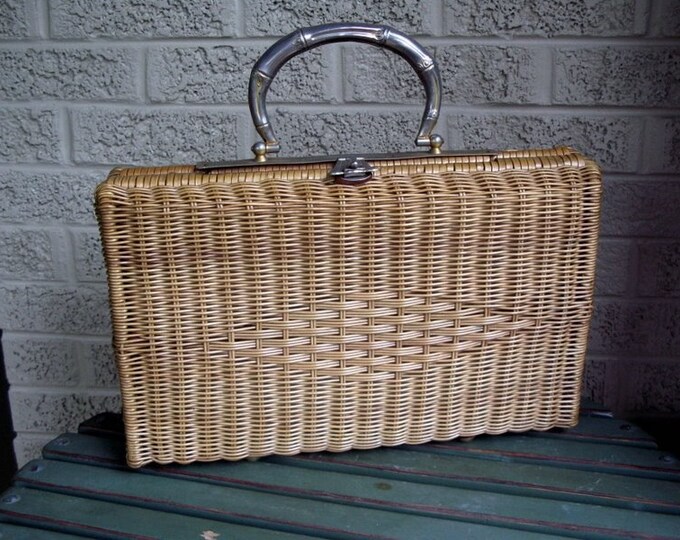 Vintage Wicker Briefcase or Tote With Metal Bamboo Handle - Etsy