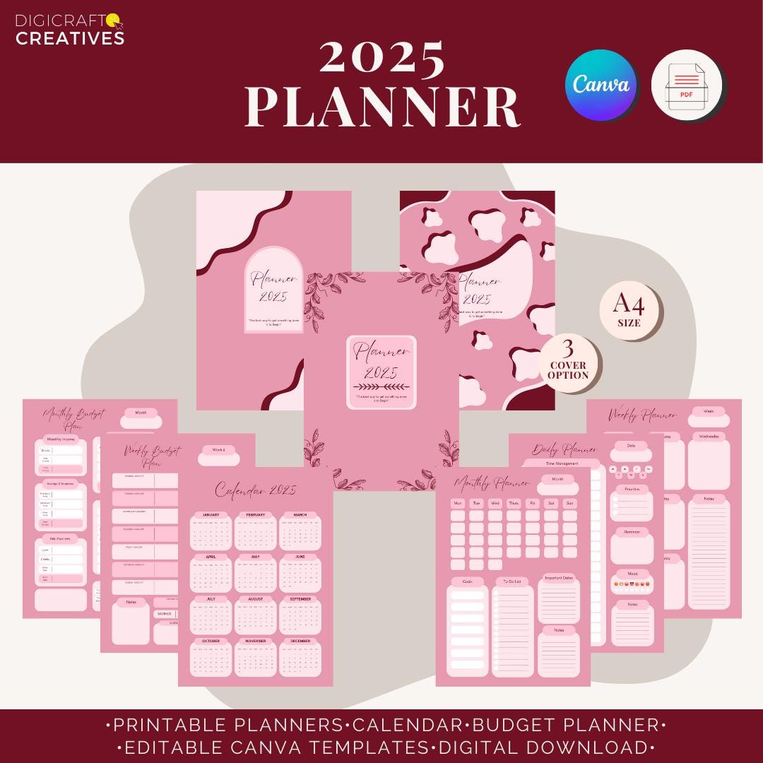 2025 Planner Pink Templates Canva Template Editable Printable A4 Size ...