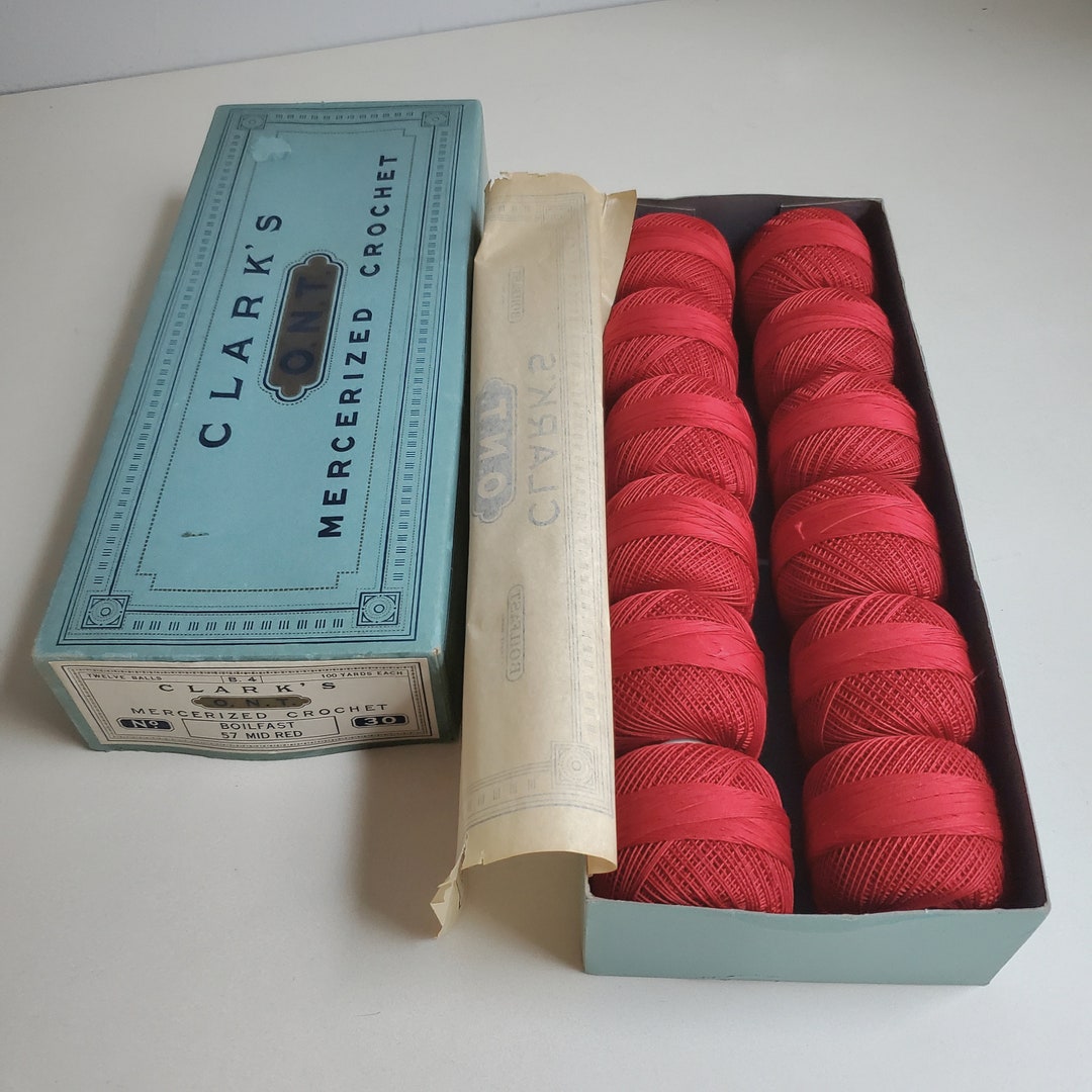 Antique BOX of 12 Balls MID RED 57 Clarks Crochet Yarn No. 30, Crimson ...