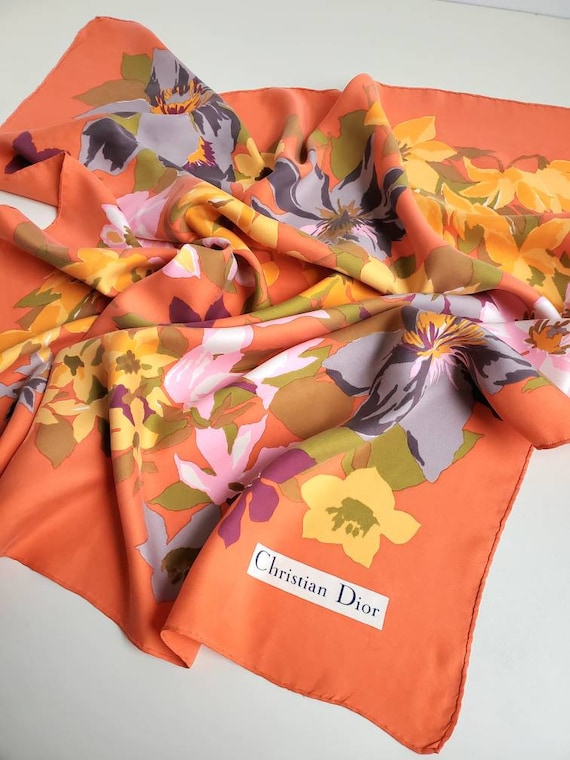 Vintage CHRISTIAN DIOR Orange Floral Silk Twill Scarf… - Gem