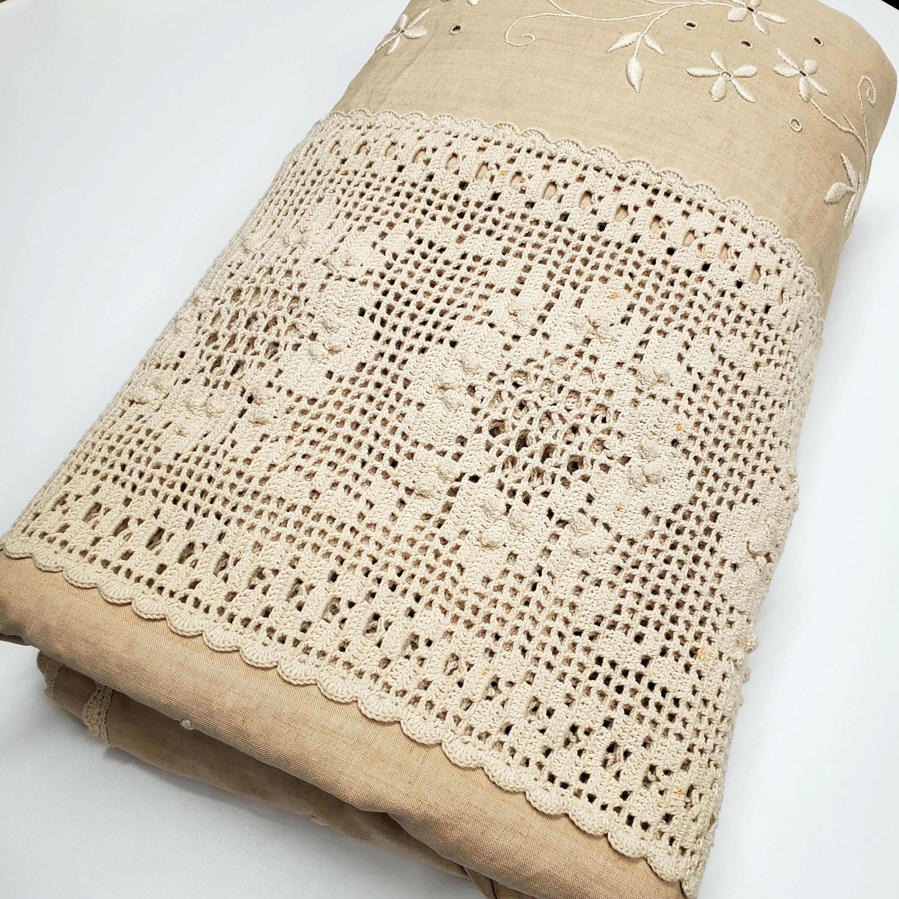 Antique Embroidered Linen Coverlet: Ecru Filet Lace Bedspread, Bedpost ...