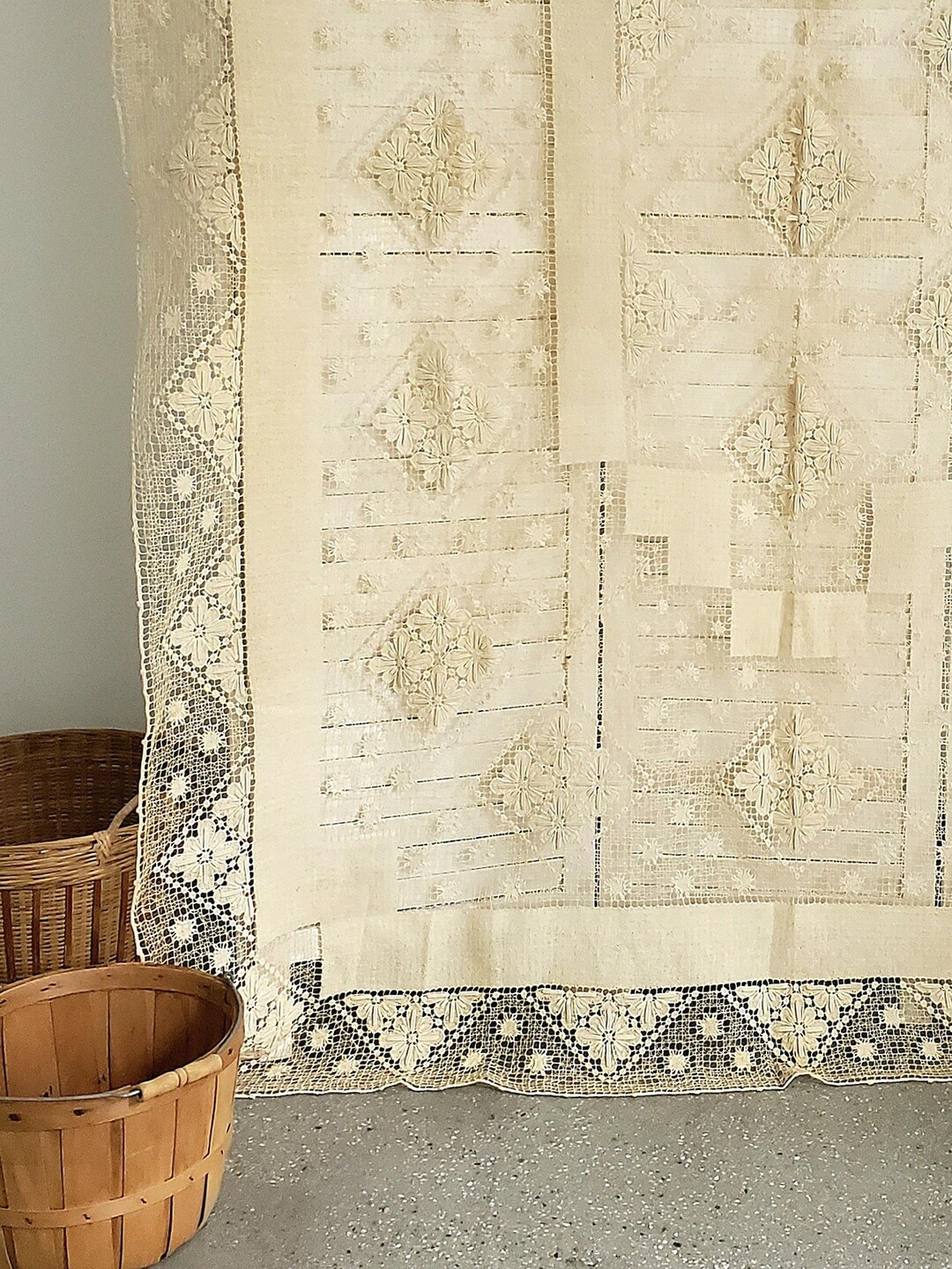 Gorgeous Antique 1920s Ecru 100% LINEN Filet LACE Tablecloth or ...