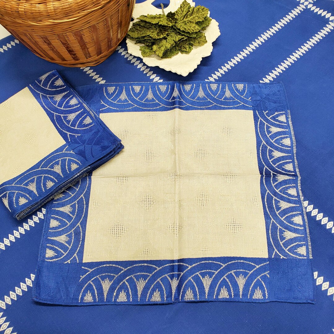 Six Rare Art Deco 1920s-30s INDIGO BLUE & Ecru Linen Damask Napkins ...