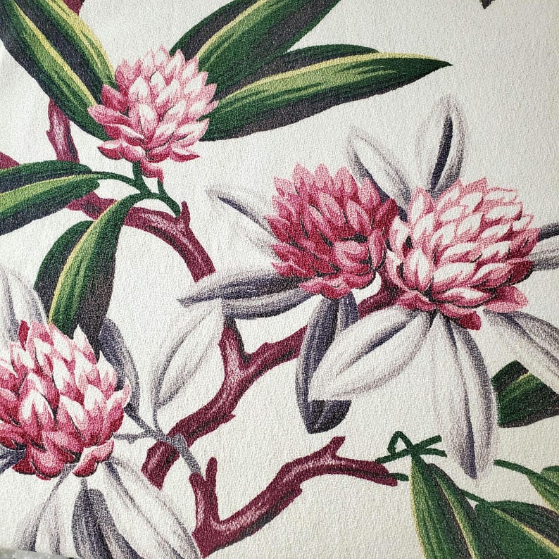 Mid-century Floral Barkcloth Fabric Remnant: Cerise Rhododendron Print ...