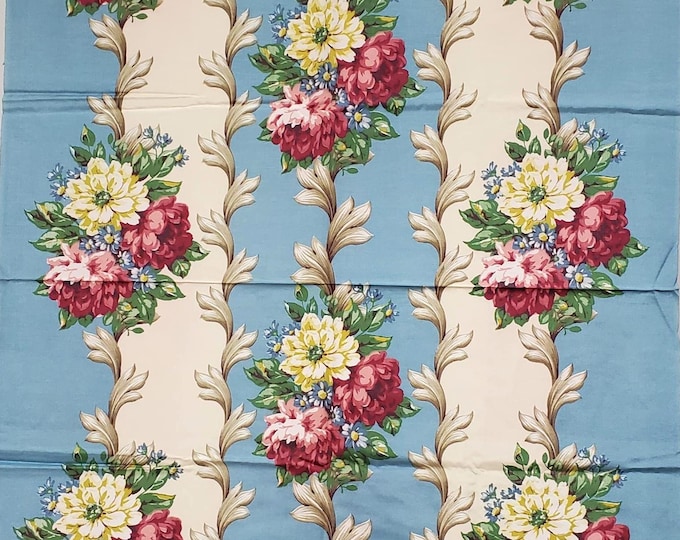 Vintage Cornflower Blue FLORAL CHINTZ FAILLE Fabric, Glazed Corded ...
