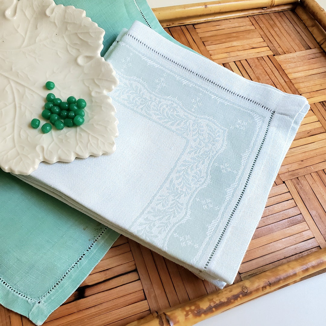 6 Vintage Icy AQUA Damask Rayon Cotton Table Napkins, Elegant Luncheon ...